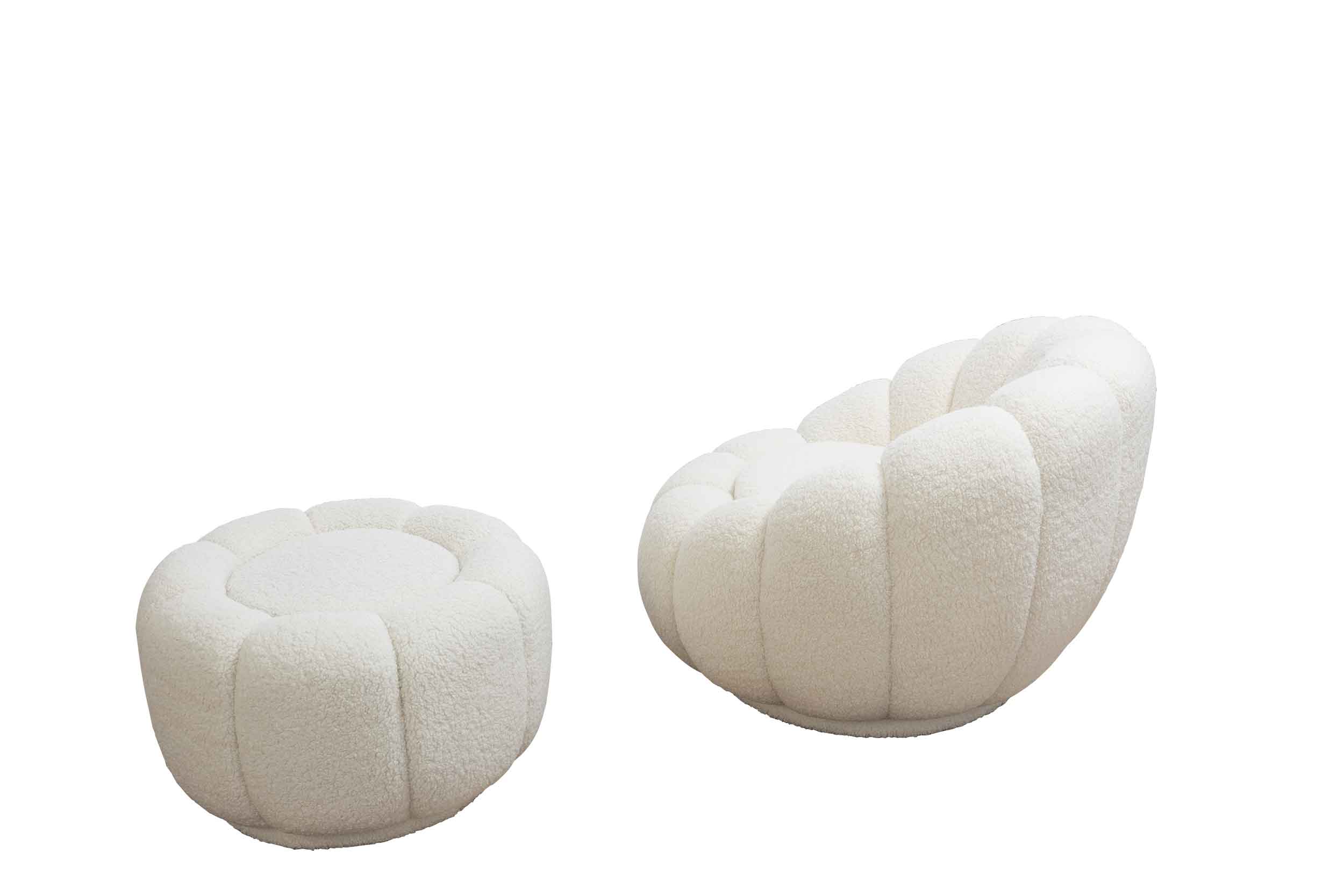 Set Papatya cu fotoliu rotativ și puf - Alb, din material tip boucle ...