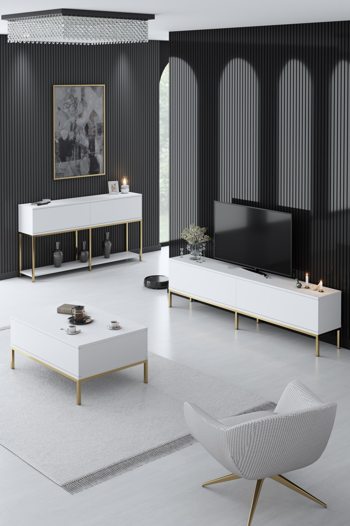 Set mobilă living Lord - Alb, Auriu | DecoTown